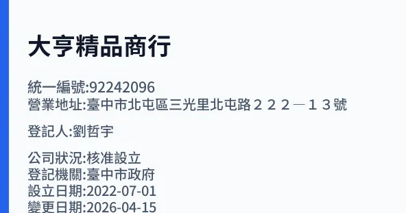 大亨精品商行的照片-統編 92242096(臺中市) 公司登記資料與營業項目詳細圖表