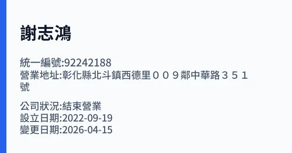 謝志鴻的照片-統編 92242188(彰化縣) 公司登記資料與營業項目詳細圖表