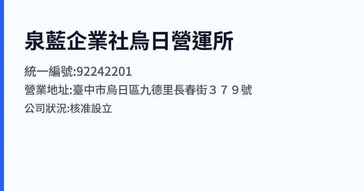 泉藍企業社烏日營運所 - 統編 92242201(臺中市) 公司登記資料與營業項目詳細圖表