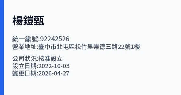 楊鎧甄的照片-統編 92242526(臺中市) 公司登記資料與營業項目詳細圖表