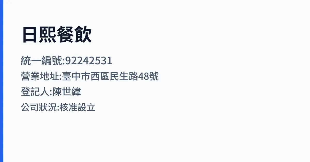 日熙餐飲 - 統編 92242531(臺中市) 公司登記資料與營業項目詳細圖表