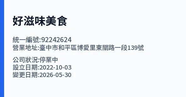 好滋味美食的照片-統編 92242624(臺中市) 公司登記資料與營業項目詳細圖表