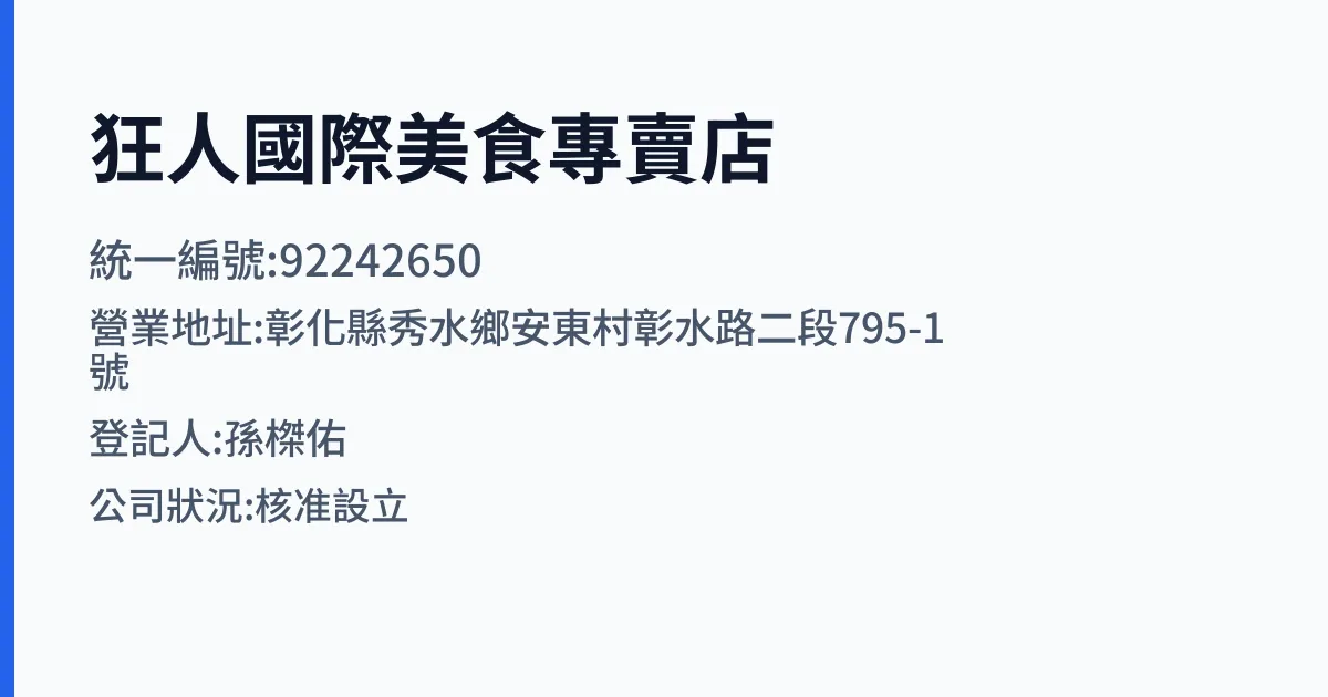 狂人國際美食專賣店 - 統編 92242650(彰化縣) 公司登記資料與營業項目詳細圖表