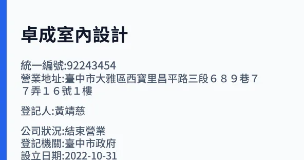 卓成室內設計的照片-統編 92243454(臺中市) 公司登記資料與營業項目詳細圖表
