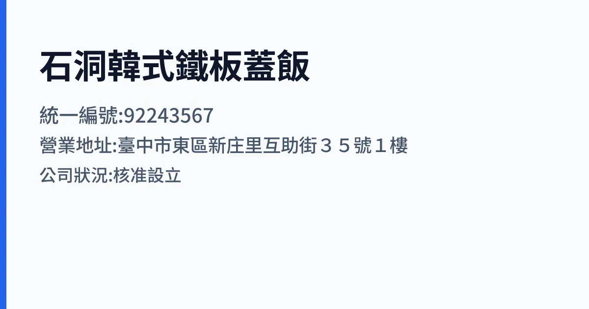 石洞韓式鐵板蓋飯 - 統編 92243567（臺中市） 公司登記資料與營業項目詳細圖表
