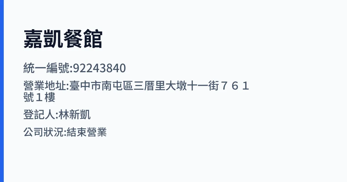 嘉凱餐館 - 統編 92243840(臺中市) 公司登記資料與營業項目詳細圖表