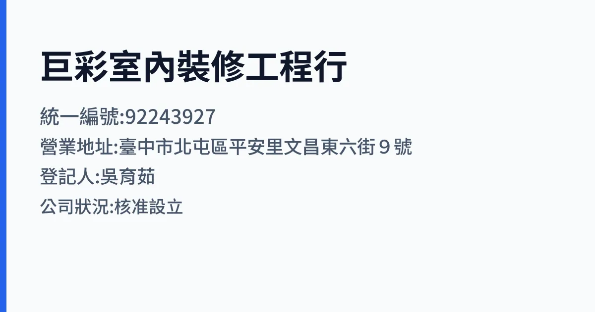 巨彩室內裝修工程行 - 統編 92243927(臺中市) 公司登記資料與營業項目詳細圖表