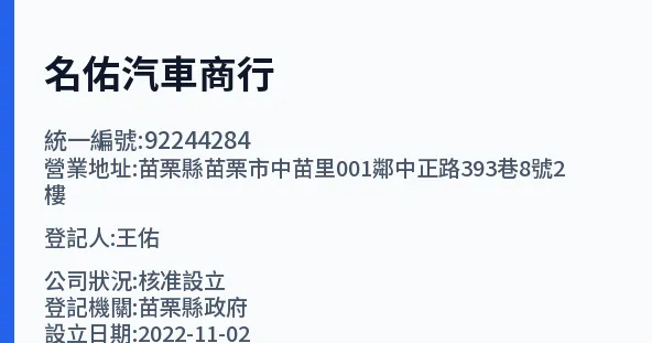 名佑汽車商行的照片-統編 92244284(苗栗縣) 公司登記資料與營業項目詳細圖表