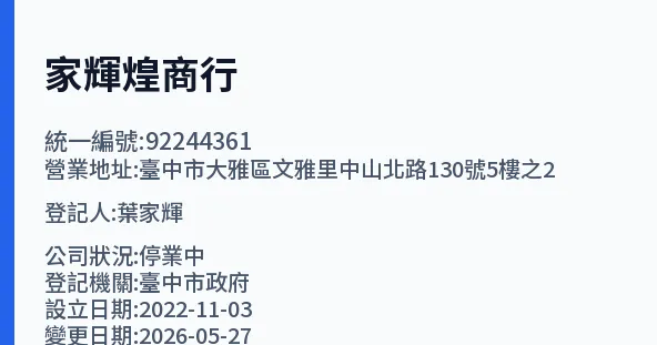 家輝煌商行的照片-統編 92244361(臺中市) 公司登記資料與營業項目詳細圖表