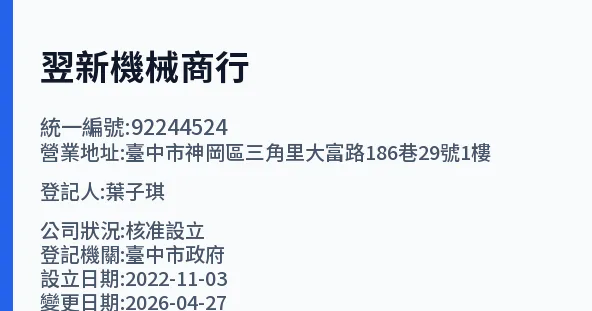 翌新機械商行的照片-統編 92244524(臺中市) 公司登記資料與營業項目詳細圖表