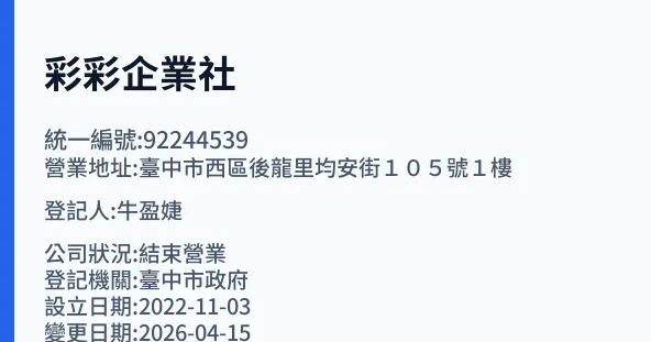 彩彩企業社的照片-統編 92244539(臺中市) 公司登記資料與營業項目詳細圖表