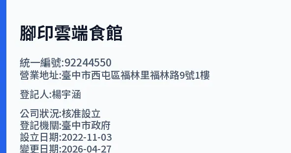 腳印雲端食館的照片-統編 92244550(臺中市) 公司登記資料與營業項目詳細圖表