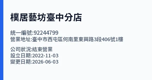 樸居藝坊臺中分店的照片-統編 92244799(臺中市) 公司登記資料與營業項目詳細圖表