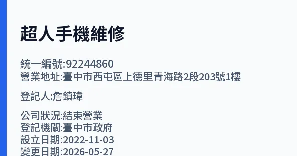 超人手機維修的照片-統編 92244860(臺中市) 公司登記資料與營業項目詳細圖表