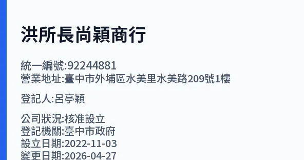 洪所長尚穎商行的照片-統編 92244881(臺中市) 公司登記資料與營業項目詳細圖表