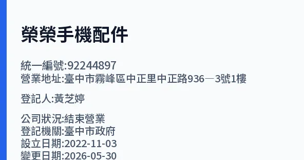 榮榮手機配件的照片-統編 92244897(臺中市) 公司登記資料與營業項目詳細圖表