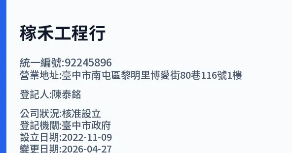 稼禾工程行的照片-統編 92245896(臺中市) 公司登記資料與營業項目詳細圖表