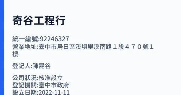 奇谷工程行的照片-統編 92246327(臺中市) 公司登記資料與營業項目詳細圖表
