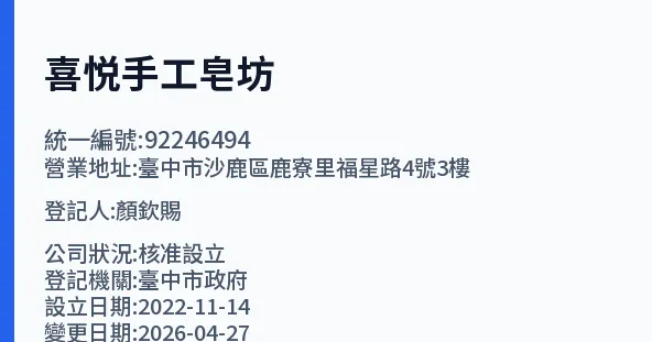 喜悦手工皂坊的照片-統編 92246494(臺中市) 公司登記資料與營業項目詳細圖表