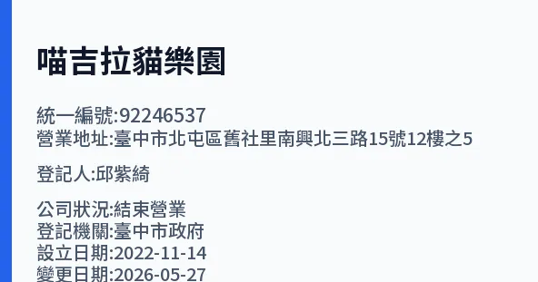 喵吉拉貓樂園的照片-統編 92246537(臺中市) 公司登記資料與營業項目詳細圖表