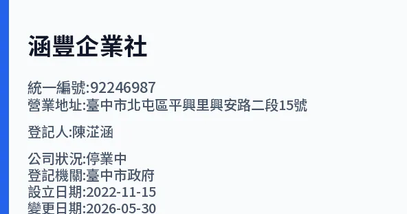 涵豐企業社的照片-統編 92246987(臺中市) 公司登記資料與營業項目詳細圖表