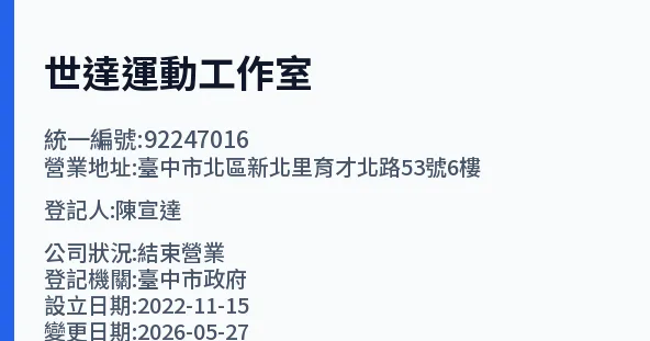 世達運動工作室的照片-統編 92247016(臺中市) 公司登記資料與營業項目詳細圖表