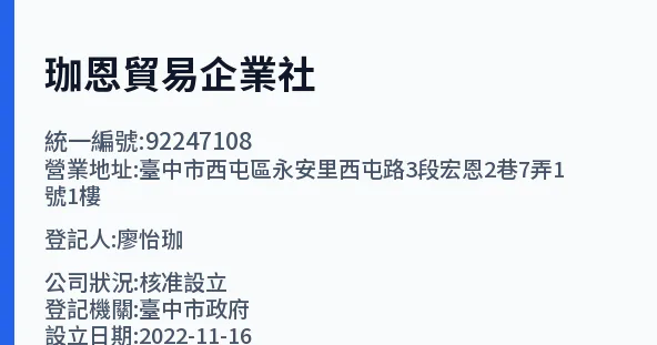 珈恩貿易企業社的照片-統編 92247108(臺中市) 公司登記資料與營業項目詳細圖表