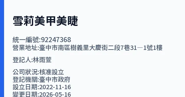 雪莉美甲美睫的照片-統編 92247368(臺中市) 公司登記資料與營業項目詳細圖表