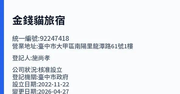 金錢貓旅宿的照片-統編 92247418(臺中市) 公司登記資料與營業項目詳細圖表