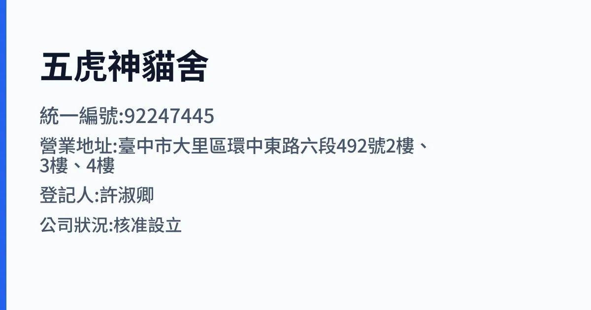 五虎神貓舍 - 統編 92247445(臺中市) 公司登記資料與營業項目詳細圖表