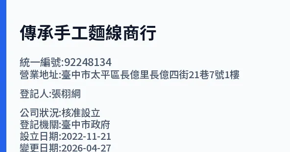 傳承手工麵線商行的照片-統編 92248134(臺中市) 公司登記資料與營業項目詳細圖表