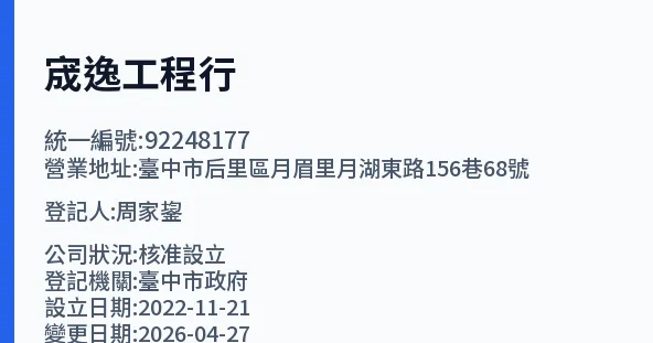宬逸工程行的照片-統編 92248177(臺中市) 公司登記資料與營業項目詳細圖表