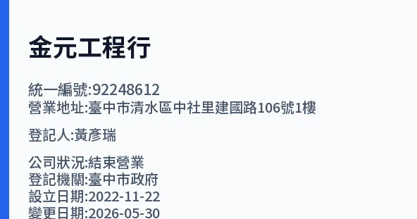 金元工程行的照片-統編 92248612(臺中市) 公司登記資料與營業項目詳細圖表