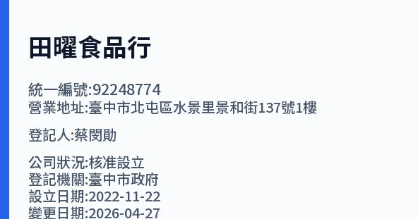 田曜食品行的照片-統編 92248774(臺中市) 公司登記資料與營業項目詳細圖表