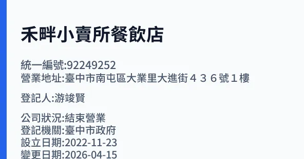 禾畔小賣所餐飲店的照片-統編 92249252(臺中市) 公司登記資料與營業項目詳細圖表