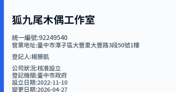 狐九尾木偶工作室的照片-統編 92249540(臺中市) 公司登記資料與營業項目詳細圖表