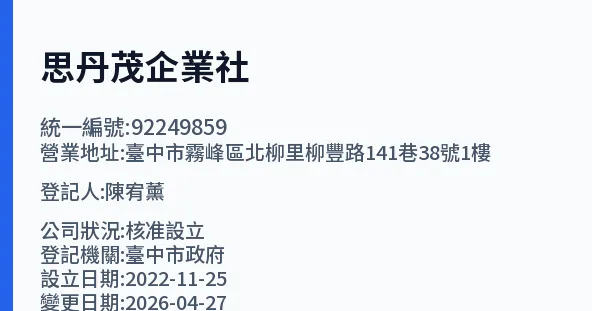 思丹茂企業社的照片-統編 92249859(臺中市) 公司登記資料與營業項目詳細圖表