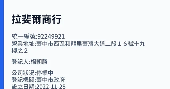 拉斐爾商行的照片-統編 92249921(臺中市) 公司登記資料與營業項目詳細圖表