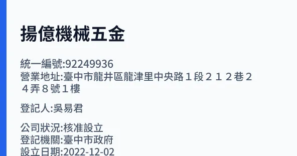 揚億機械五金的照片-統編 92249936(臺中市) 公司登記資料與營業項目詳細圖表