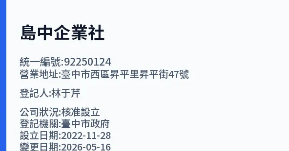 島中企業社的照片-統編 92250124(臺中市) 公司登記資料與營業項目詳細圖表