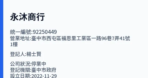 永沐商行的照片-統編 92250449(臺中市) 公司登記資料與營業項目詳細圖表