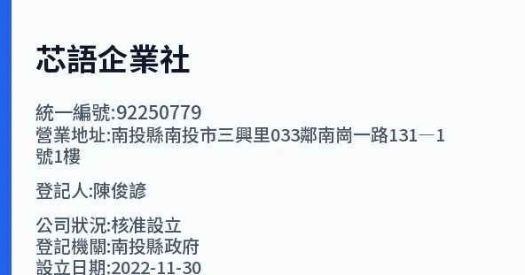 芯語企業社的照片-統編 92250779(南投縣) 公司登記資料與營業項目詳細圖表