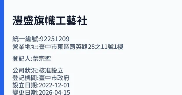 灃盛旗幟工藝社的照片-統編 92251209(臺中市) 公司登記資料與營業項目詳細圖表