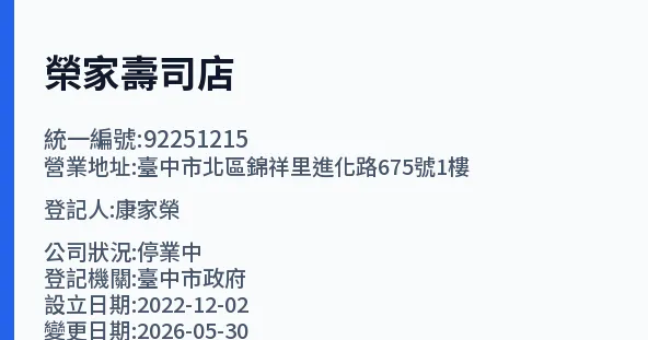 榮家壽司店的照片-統編 92251215(臺中市) 公司登記資料與營業項目詳細圖表