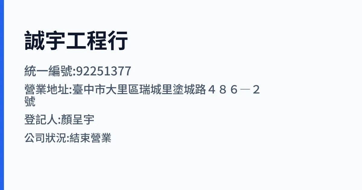 誠宇工程行 - 統編 92251377(臺中市) 公司登記資料與營業項目詳細圖表