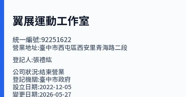 翼展運動工作室的照片-統編 92251622(臺中市) 公司登記資料與營業項目詳細圖表