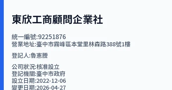 東欣工商顧問企業社的照片-統編 92251876(臺中市) 公司登記資料與營業項目詳細圖表