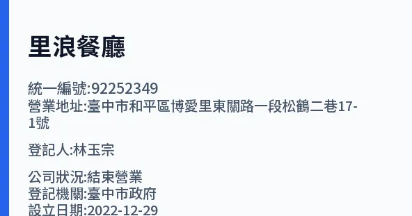 里浪餐廳的照片-統編 92252349(臺中市) 公司登記資料與營業項目詳細圖表