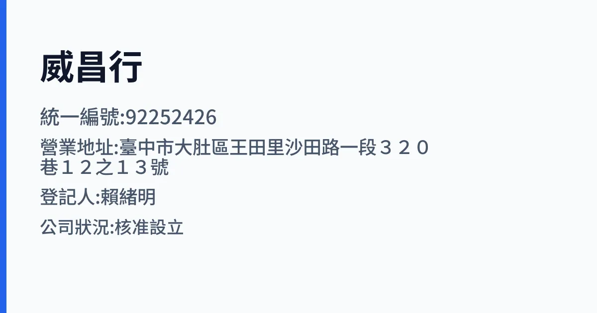 威昌行 - 統編 92252426(臺中市) 公司登記資料與營業項目詳細圖表