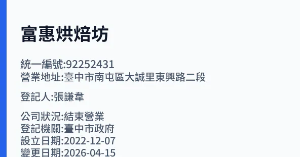 富惠烘焙坊的照片-統編 92252431(臺中市) 公司登記資料與營業項目詳細圖表